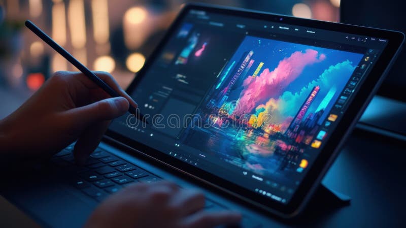 Hands Holding Tablet and Stylus in Creative Studio Stock Illustration ...