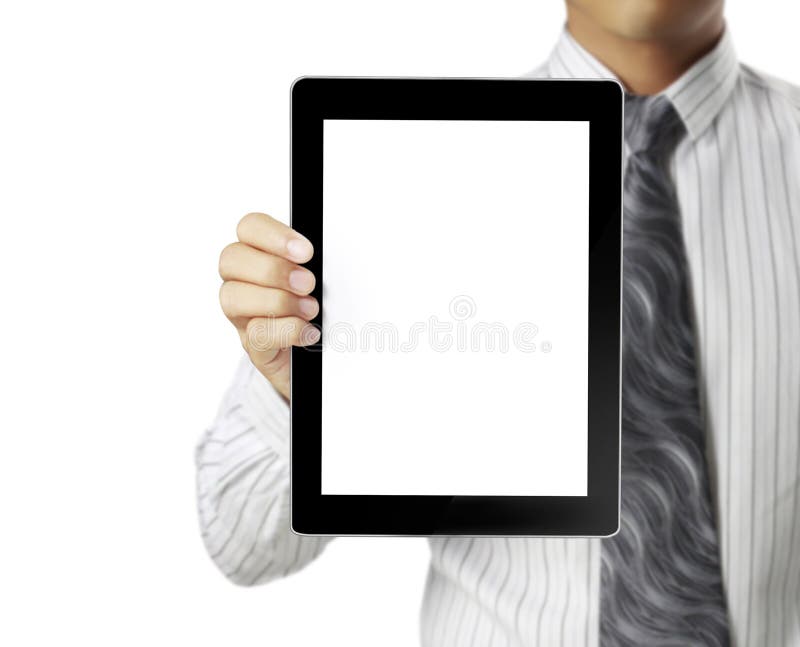 Female Hands Holding a Tablet with a Isolated Screen Over a Table Stock ...
