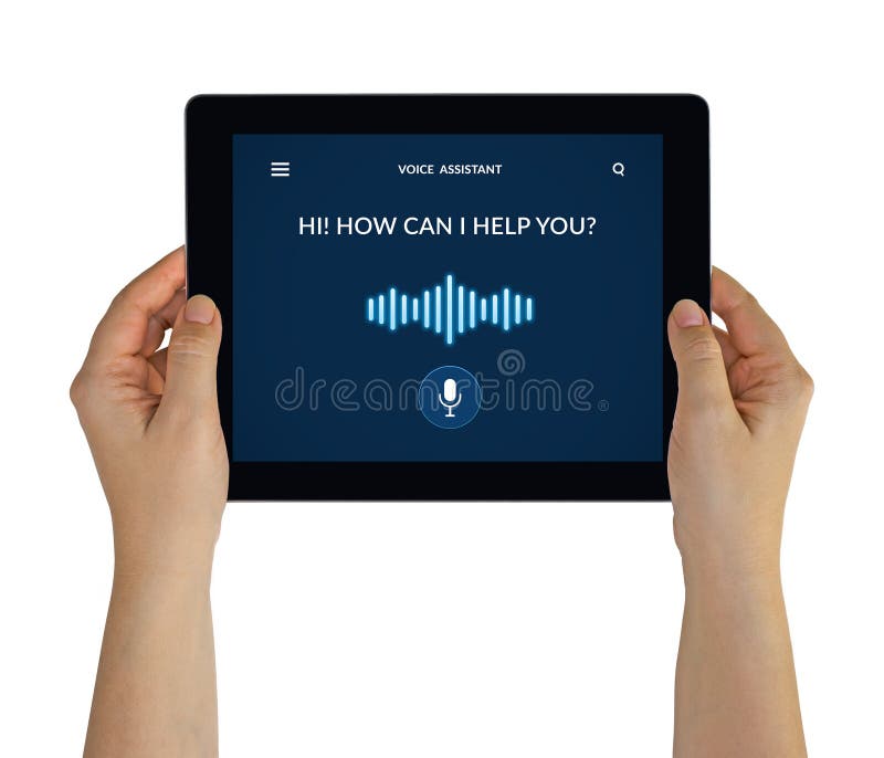 Hands Holding Tablet with Voice Assistant Concept on Screen Stock Photo ...