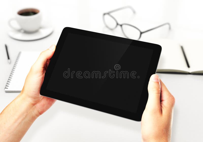 Hands holding a tablet stock image. Image of modern, mock - 53102741