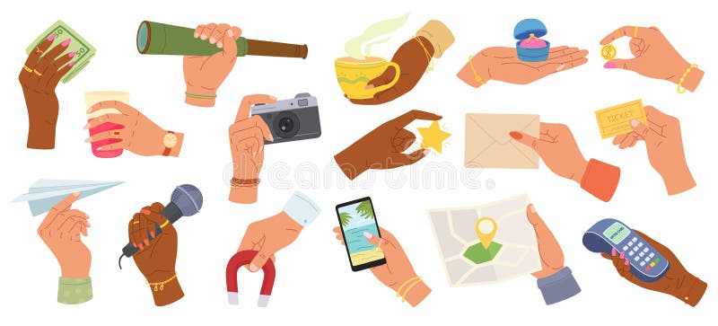 Hands Holding Things. Different Objects in Human Hand, Hold Gestures ...