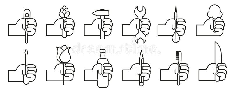 Hands Holding Things in a Thin Line. Various Objects in Human Hands ...