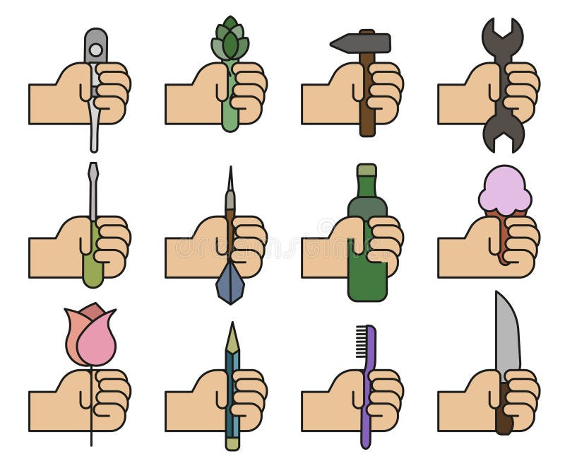Hands Holding Things. Various Objects in Human Hands Stock Illustration ...