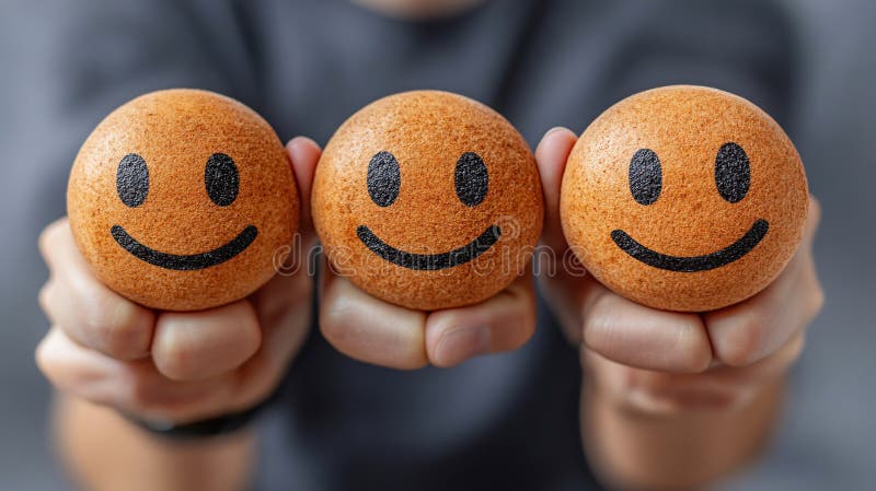 Hands Holding Three Smiley Balls, Positive Feedback, Indoor Setting ...