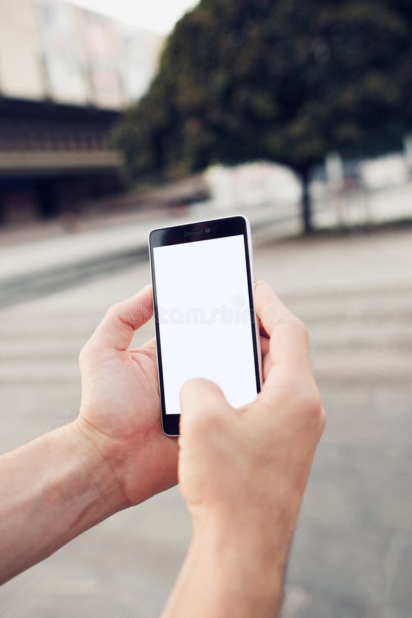 Hands Holding and Touch on Phone with Blank Screen Stock Photo - Image ...