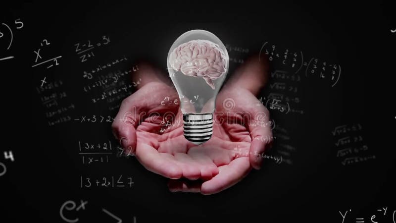 Hands Holding Translucent Bulb with Brain, Floating White Formulas Over ...