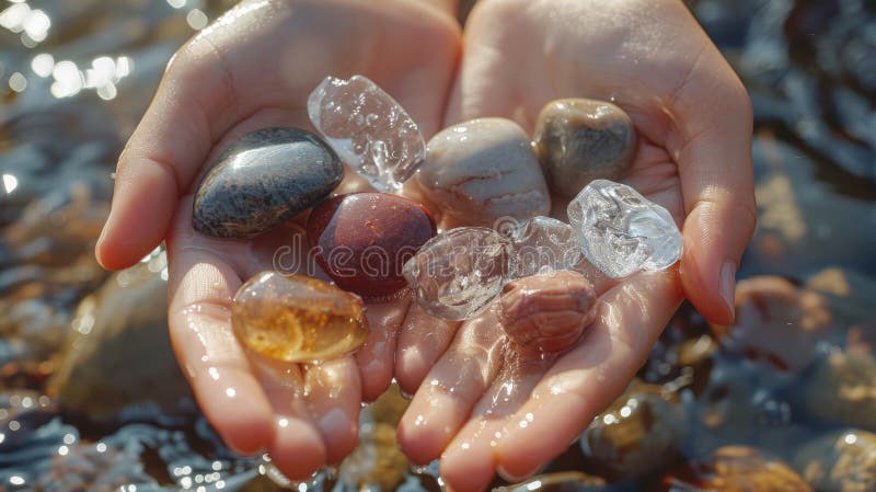Hands Holding Translucent Pebbles in Water Stock Photo - Image of ...