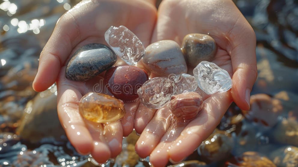 Hands Holding Translucent Pebbles in Water Stock Photo - Image of ...