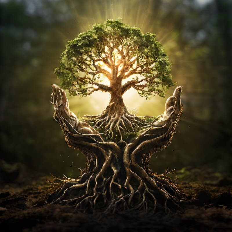 Hands Holding a Tree with Glowing Roots, Symbolizing Nature and Growth ...