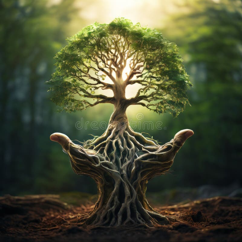Hands Holding a Tree with Intricate Roots in a Forest Stock Photo ...