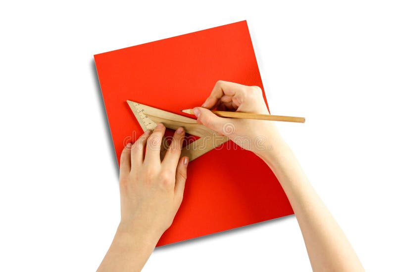 Hands Holding a Triangular Ruler and Pencil on a Red Paper. Closeup ...