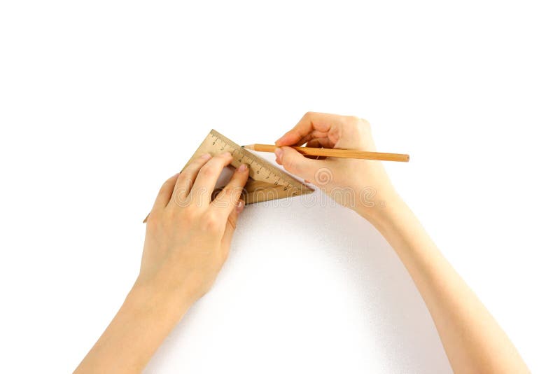 Hands Holding a Triangular Ruler and Pencil on a White Background ...