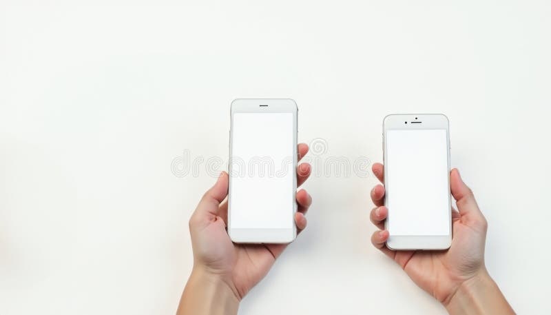 Hands Holding Two Smartphones with Blank White Screens Stock Image ...