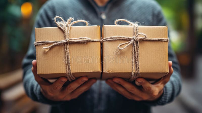 Hands Holding Two Tied Gift Boxes Outdoors Stock Illustration ...