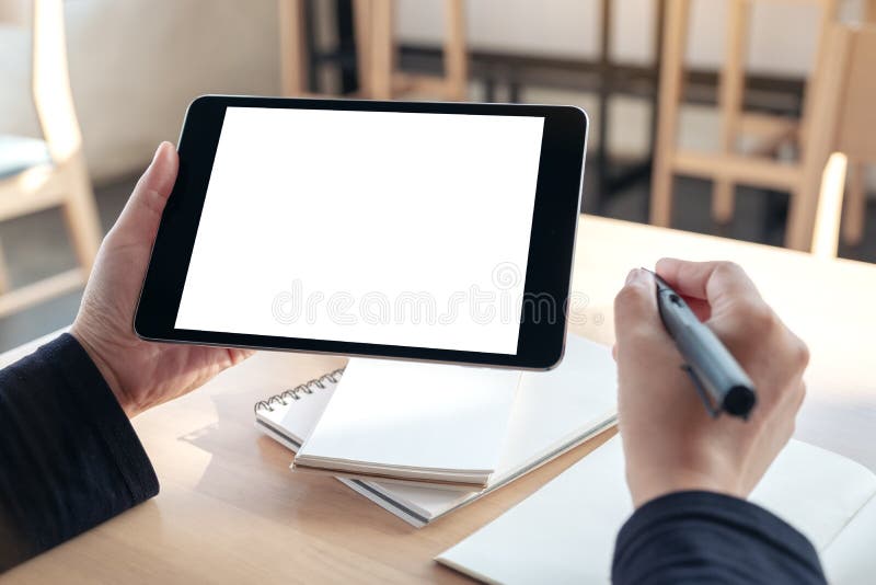 Hands Holding and Using Black Tablet Pc with Blank White Desktop Screen ...