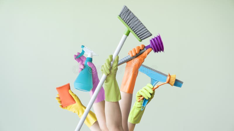 Hands Holding Various Cleaning Objects Stock Photo - Image of floor ...
