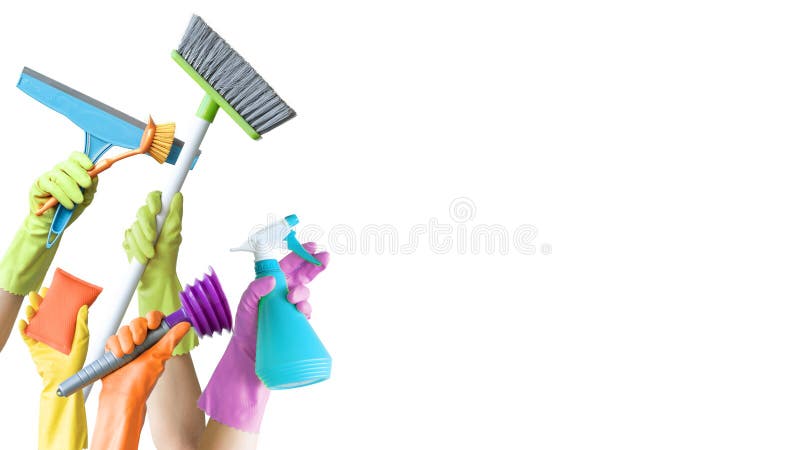 Hands Holding Various Cleaning Objects Stock Photo - Image of glove ...