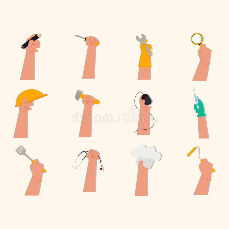 Hands Holding Various Tools and Items Representing Different ...