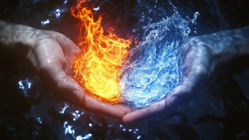 Hands Holding Vibrant Flames and Water, Representing a Battle between ...