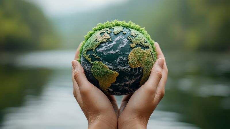 Hands Holding a Vibrant Globe with Greenery, Symbolizing Environmental ...