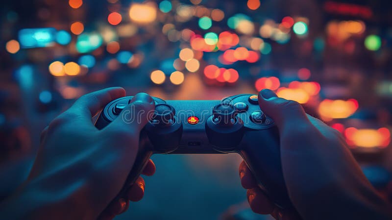 Hands Holding a Video Game Controller at Night with City Lights Blurred ...