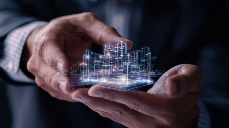 Hands Holding Virtual City Hologram Stock Illustration - Illustration ...