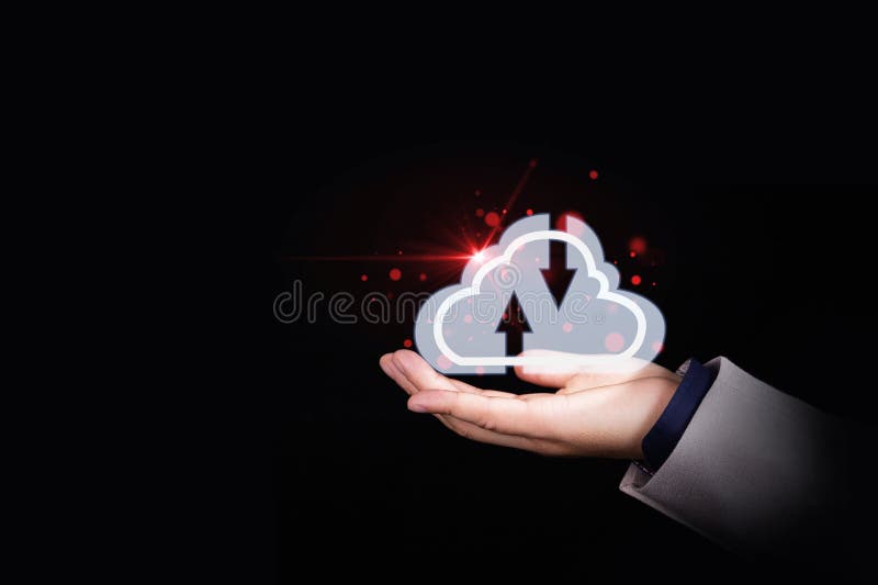 Hands Holding Virtual Cloud Icon with Black Background. Cloud ...