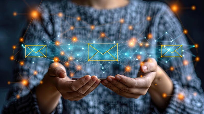 Hands Holding a Virtual Network of Glowing Email Icons. Stock Image ...