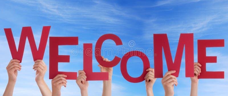 Hands Holding Welcome in Front of the Sky Stock Photo - Image of guest ...