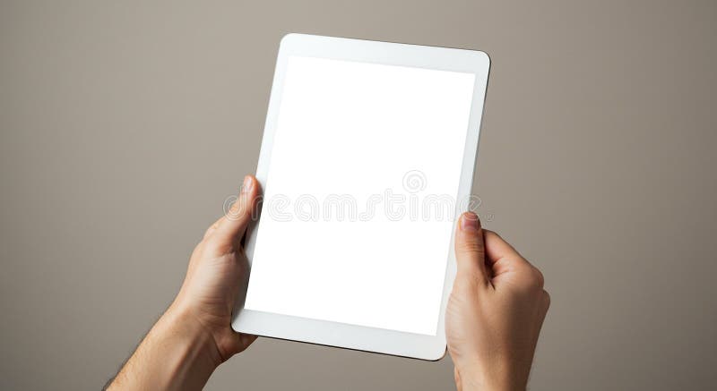 Hands Holding a White Tablet with a Blank Screen Against a Plain ...