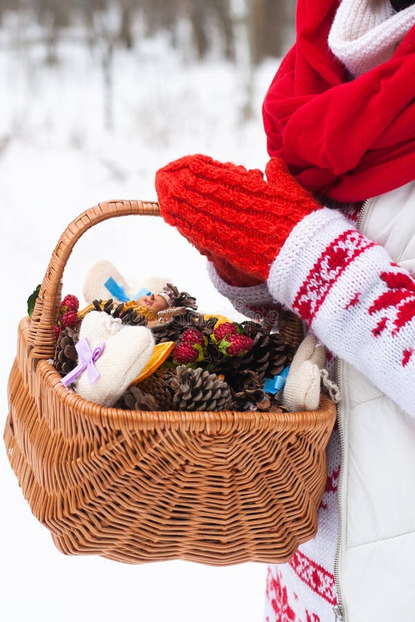 Hands Holding a Winter Basket Stock Image - Image of season, mitten ...