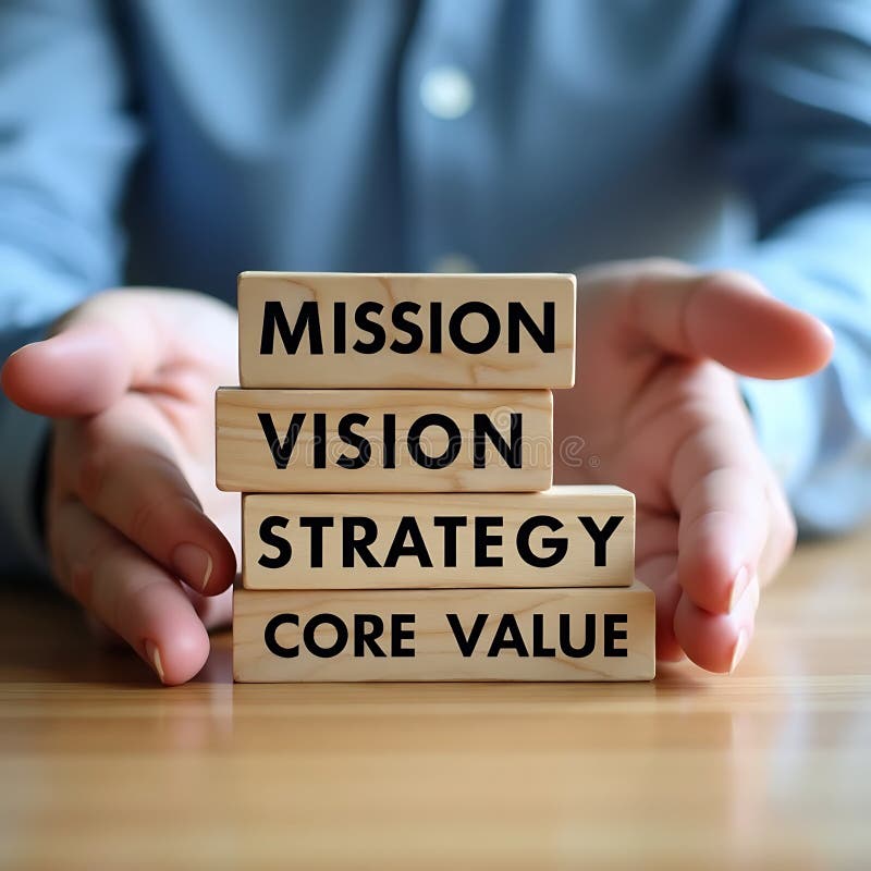 Hands Holding Wooden Blocks Spelling Out Mission, Vision, Strategy, and ...