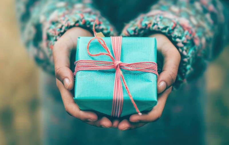 Hands Holding a Wrapped Gift Wrapped in Blue Paper Stock Image - Image ...