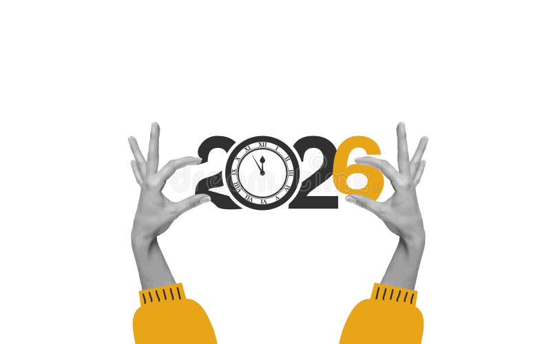 Hands Holding the Year 2026 Along with a Clock, Indicating the Passage ...