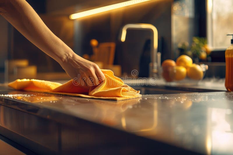 A Hands Holding a Yellow Cloth Wiping the Counter of a Modern Kitchen ...