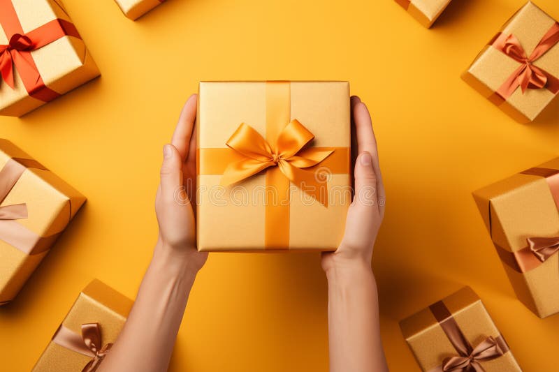 Hands Holding Yellow Present on Yellow Background Stock Illustration ...