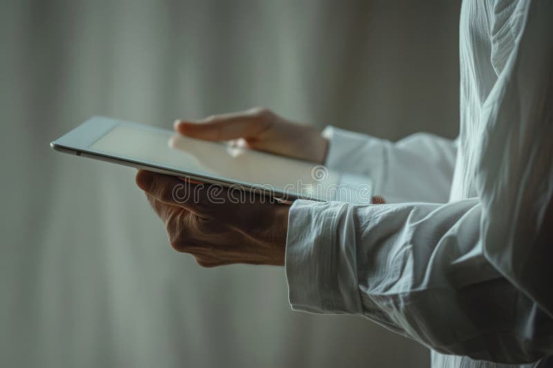 Hands Holds Tablet. Woman Touching Digital Tablet Stock Photo - Image ...