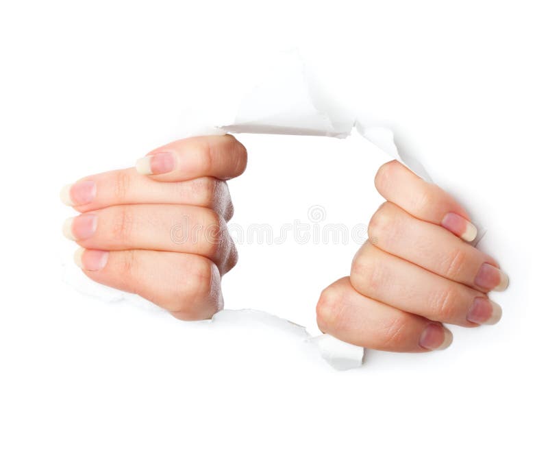 Hands Ripping through Hole in Paper Stock Photo - Image of edges ...