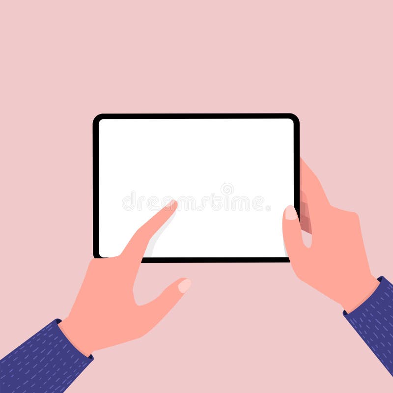 Hands Holing Tablet Computer and Pointing on the Blank Screen. Editable ...