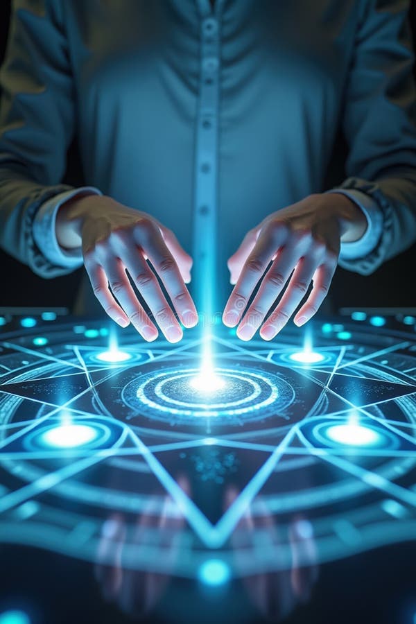 Hands Hologram Glowing Blue Futuristic Interface Digital Pattern Stock ...