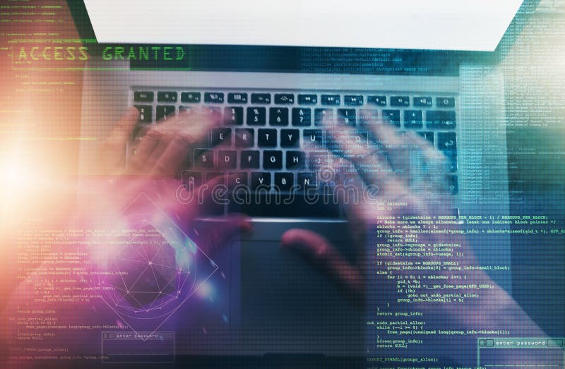 Hands Holographic And Man With Laptop Hacker And Coding With Internet