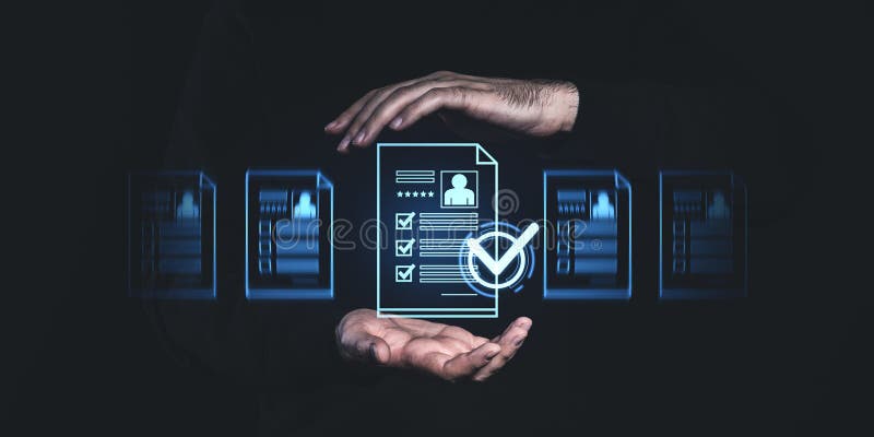 Hands Hovering Over Glowing Holographic Checklists with Profile Icons ...