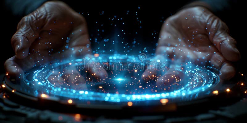 Hands Hovering Over a Glowing Holographic Interface with Floating ...