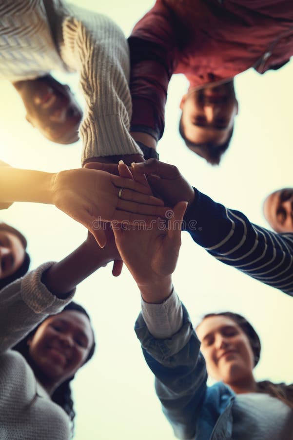 Hands, Huddle and Unity with Friends Outdoor from Below on Sky for ...
