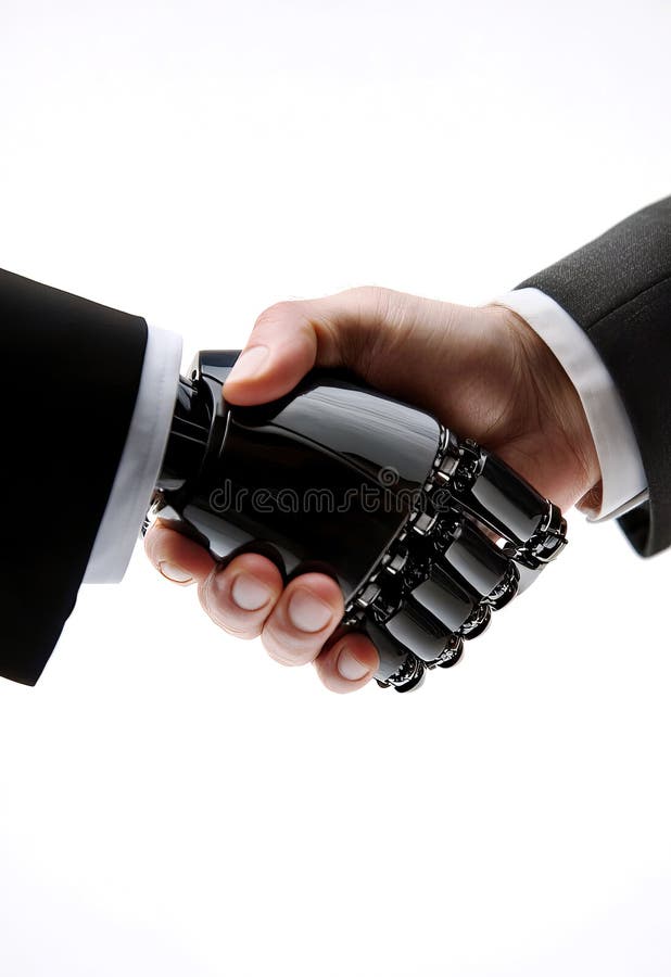 Hands of Human Businessman and Android Robot in Handshake. Friendship ...