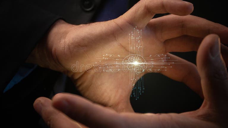 In the Hands Illuminated Inside, a Digital Microchip with a Human Brain ...