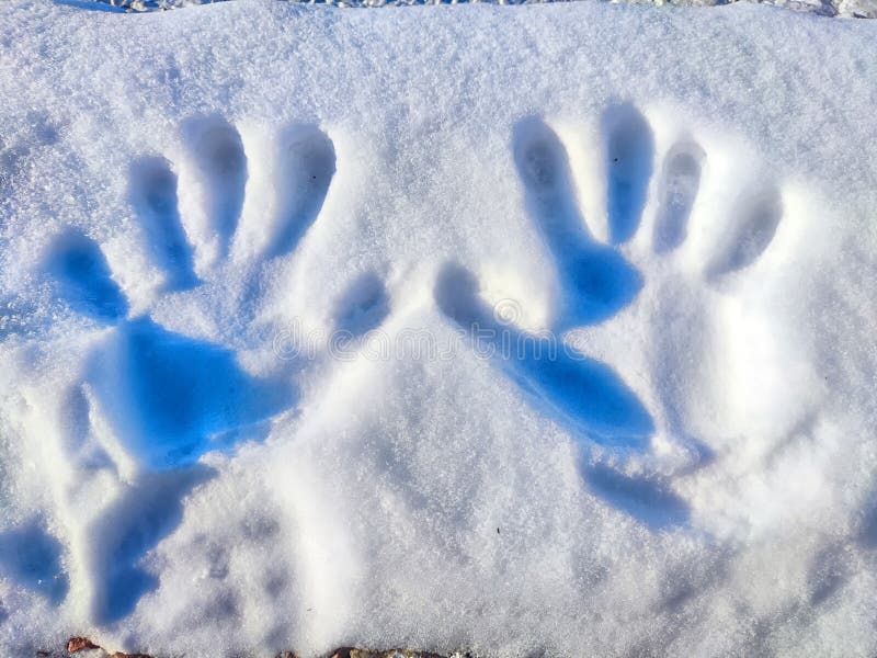 Hands Imprinted in Fresh Snow at a Winter Landscape Stock Image - Image ...