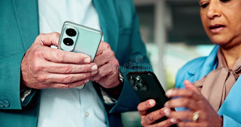 Hands, Information Share and Phone with Business People in Office for ...