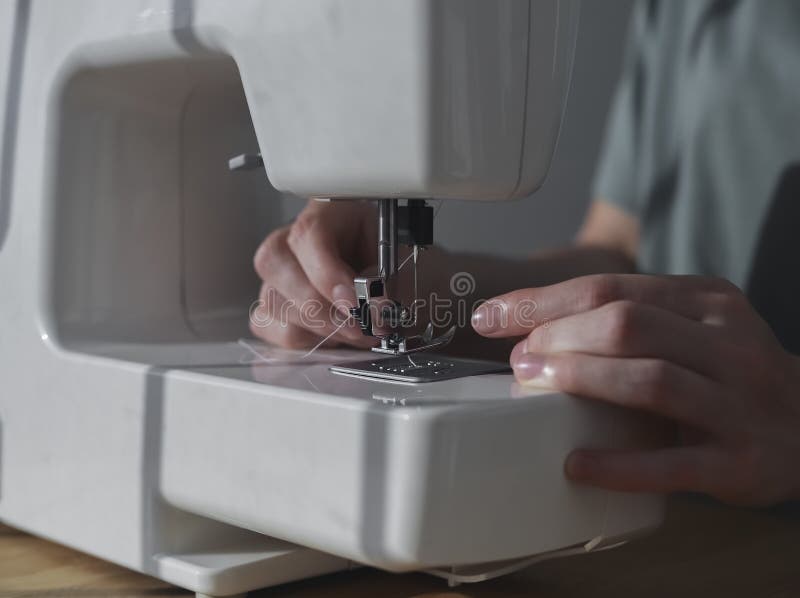 Hands Inserting Thread through Needle Hole in Sewing Machine Stock ...