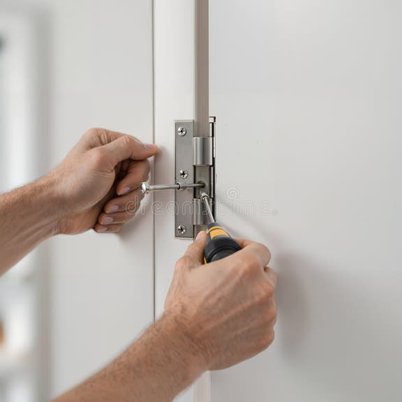 Hands Installing a Door Hinge with a Screwdriver, Emphasizing Precision ...